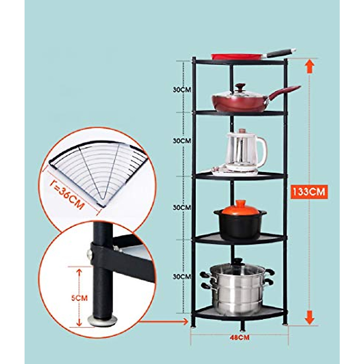 Konrisa 5-Tier Corner Shelf Pot Rack for Kitchen Appliances Adjustable Corner Table Shelf Heavy Duty Shelves Storage Bookcase Organizer Household Stand for Bedroom,Living Room,Hallway
