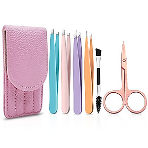 Tweezers Set-6 Pieces Professional Stainless Steel Tweezers with Leather Case for Women and Men Slanted and Pointed for Eyebrows, Facial Hair, Ingrown Hair and Blackheads Removal