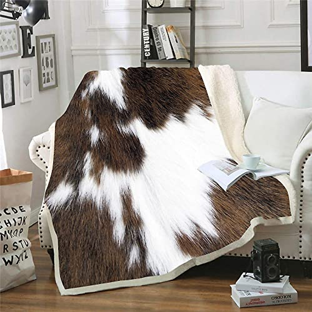TOMWISH Cow Print Blanket Throws Animal Brown White Throw Fleece Blanket Soft Blanket Microfiber 50X60 Throw Blanket for Women Men and Kids Warm and Cozy Throw Decorative for Bedroom Sofa Floor