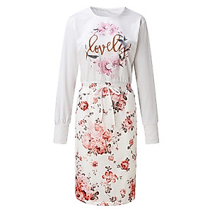 Aniywn Women's Casual 2 Pieces Outfits Solid Long Sleeve Crop Top Printing Bodycon Midi Skirt Dress Tracksuits Set