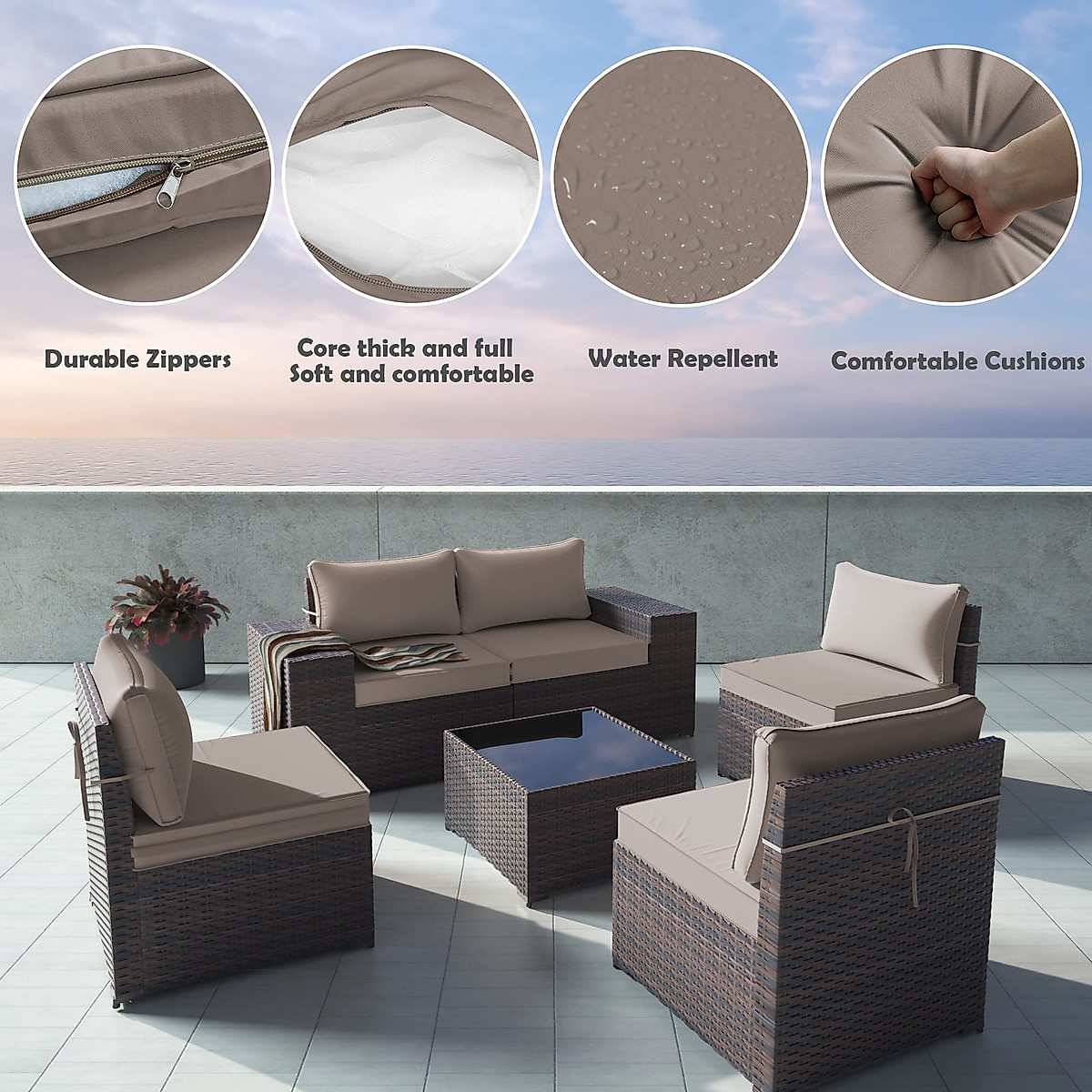 Gotland 6-Piece Patio Furniture Set, All-Weather PE Rattan Outdoor Sectional with Replaceable Khaki Waterproof Cushions and Coffee Table