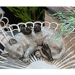 LC LCdecohome Sleeping Cat Garden Statues Outdoor - Sparrows On Cat Figurine 12" x 8" x 4.5"