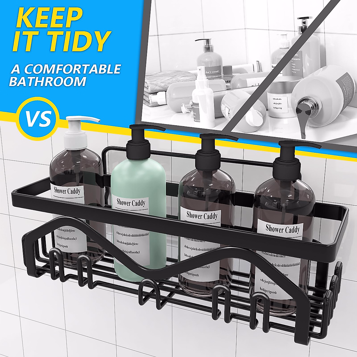 Coraje Shower Caddy, Shower Shelves [5-Pack], Adhesive Shower Organizer No Drilling, Large Capacity, Rustproof Stainless Steel Bathroom Shower Organizer, Shower Shelf for Inside Shower, Black
