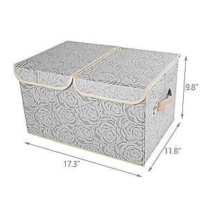 Lucky Monet 1 Pack Rose Pattern Storage Bins with Double Lids and Handles Large Foldable Fabric Organizer Cubes Storage Basket Box Containers (17.3"x11.8"x9.8", Gray)
