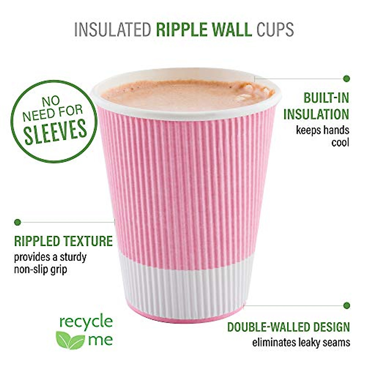 8 Ounce Disposable Coffee Cups, 500 Double Wall Hot Cups For Coffee - Lids Sold Separately, Rippled Wall, Light Pink Paper Insulated Coffee Cups, For Coffee, Tea And More-Restaurantware