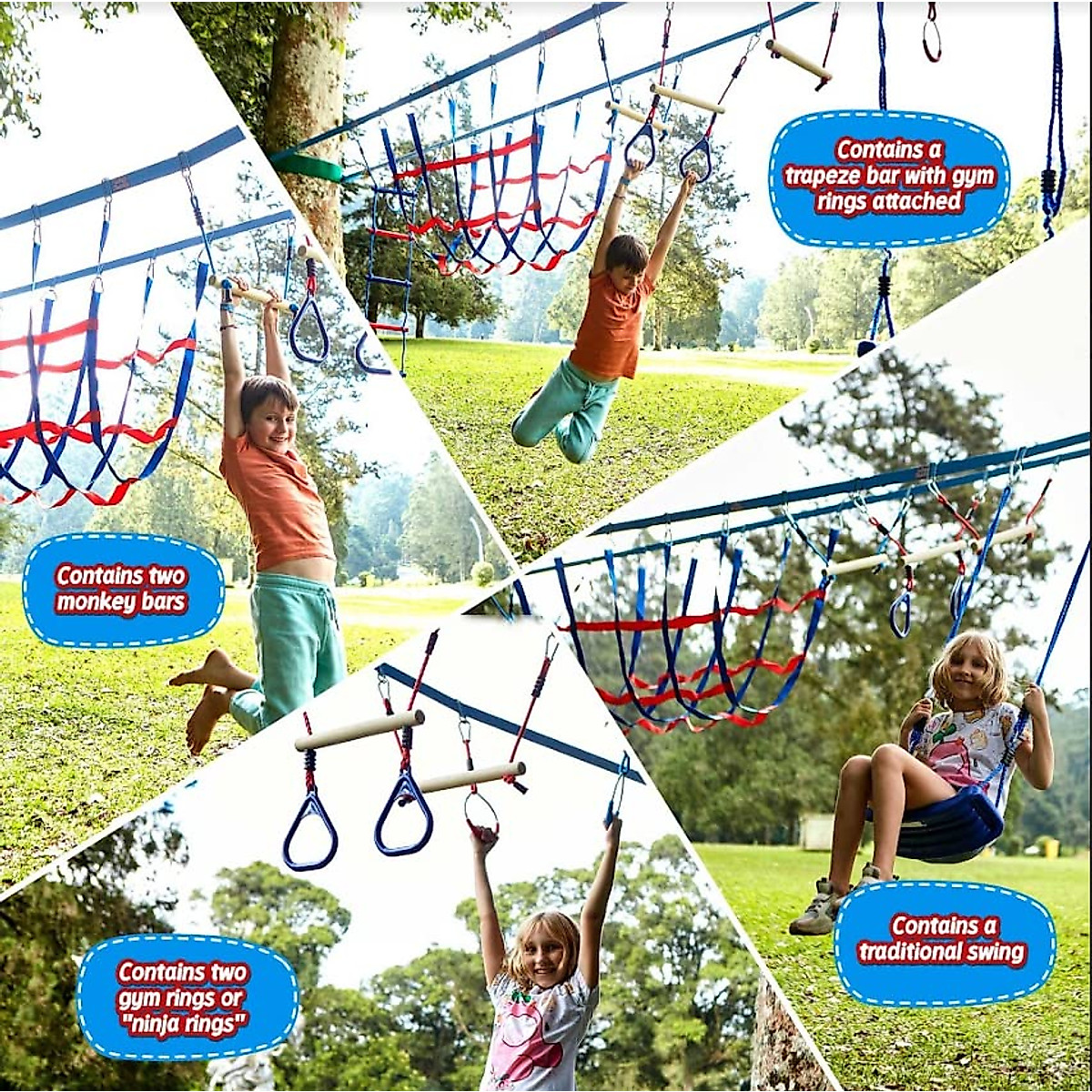 Lily's Things Double Slackline Obstacle Course for Kids | 110 Foot Line Ninja Warrior Obstacle Course Patented Double Line Design Unique Outdoor Ultimate Playground Climbing Challenge - Cargo Net Set
