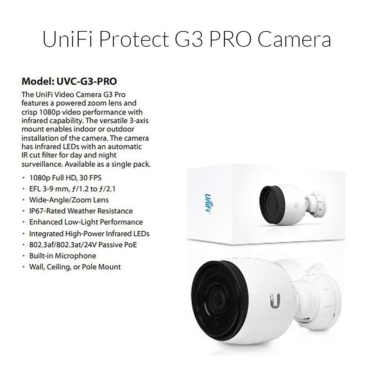 UniFi UVC-G3-PRO 1080p Outdoor Weatherproof IP Camera with 3X Optical Zoom (3-Pack)