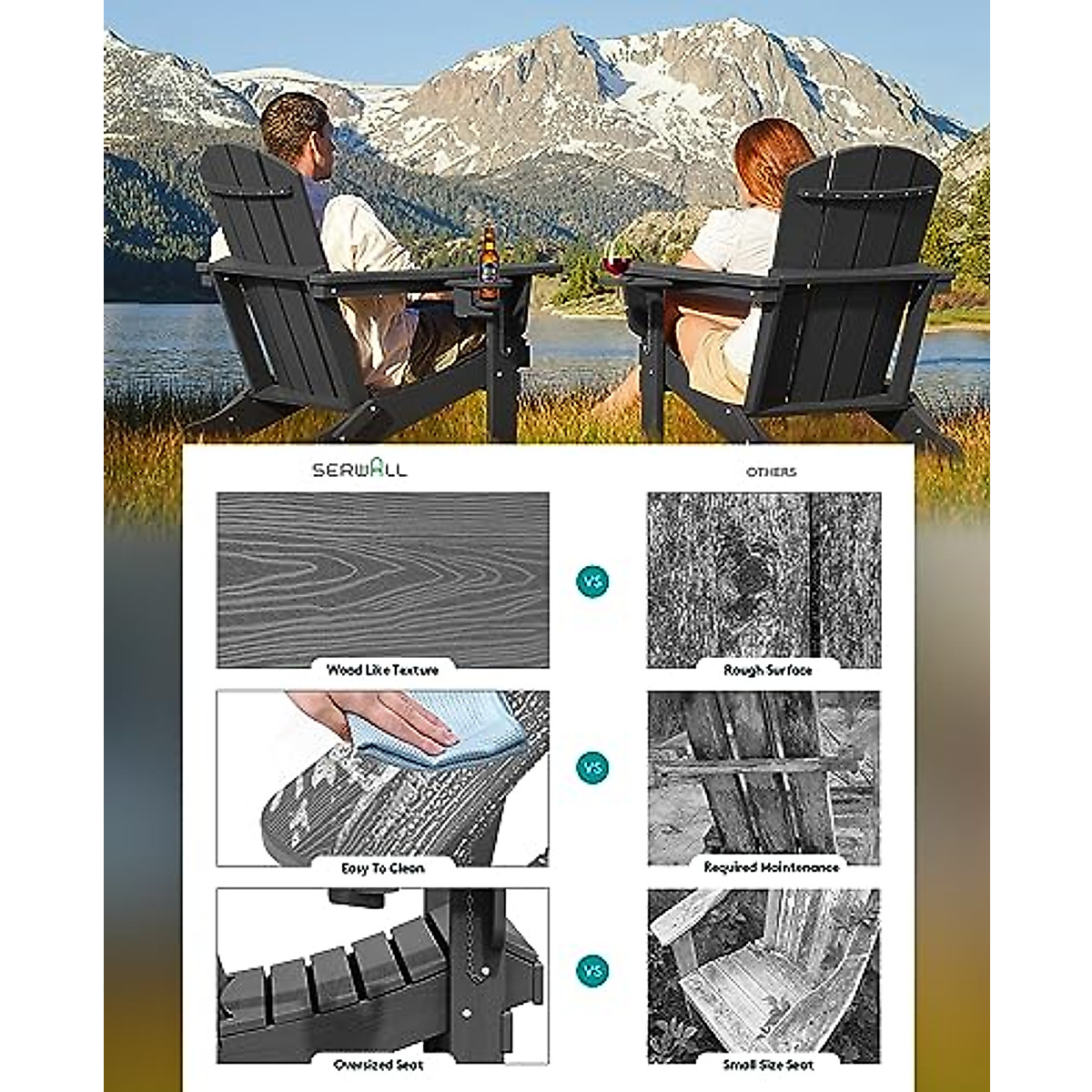 SERWALL Foldable Adirondack Chair, HDPE Adirondack Chair with Wood-Texture-Gray