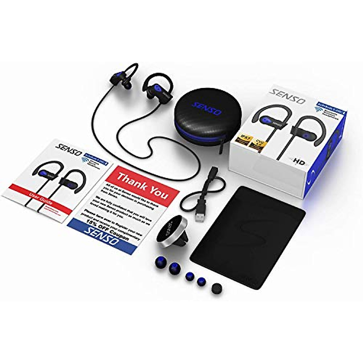 Senso Bluetooth Headphones, Best Wireless Sports Earphones w/Mic IPX7 Waterproof HD Stereo Sweatproof Earbuds for Gym Running Workout 8 Hour Battery Noise Cancelling Headsets (Grey)