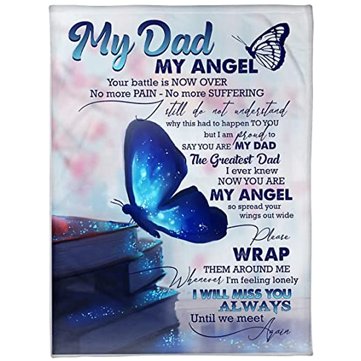 Personalized Memorial Blanket for Loss of Daddy Father Dad Loved One My Dad My Angel Butterflies Books Custom Title Memorial Gifts Ideas in Loving Memory Fleece Sherpa Blanket