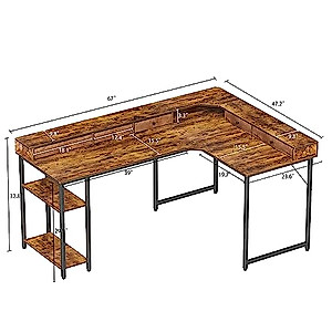 Treesland L Shaped Desk, 67 Inch Computer Desk with 5 Drawers, Wooden Office Desk with Monitor Stand, Sturdy Corner Writing Desk, Rustic Brown