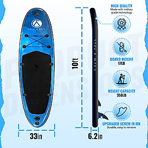 Inflatable Paddle Board SUP by Crew & Axel - 10FT 33" Wide (6.2” Thick) Stand up Paddleboard Set W/Backpack, 3 Fins, Floating Paddle, Light Weight (17lb), Drybag, Camera Mount, Rings Seat Blue