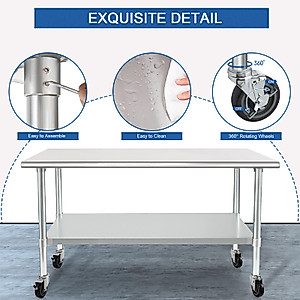 HARDURA Stainless Steel Table with Wheels 24 x 60 Inches Casters NSF Heavy Duty Commercial Work & Prep Table with Undershelf and Galvanized Legs for Restaurant Kitchen Bar and Hotel Garage