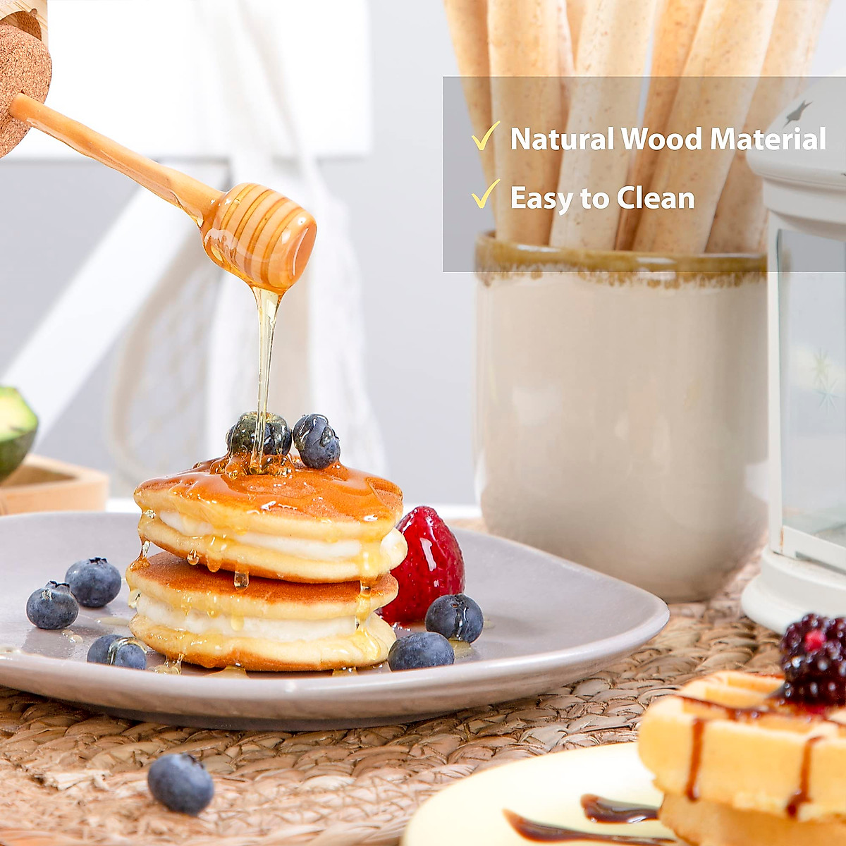 12 Ounce Glass Honey Jars with Dipper,Airtight Hexagonal Lid Glass Honey Jars,Honey Jar with Natural Wood Lid and Dipper Transparent Honey Jar and Honey Stick set with Lid TIMUR HOME KITCHEN (Cork)