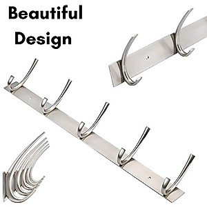 BIRDROCK HOME Premium 5-Hook Stainless Steel Coat and Hat Rack for Wall - Set of 2 - Front Door Organizer - Mounted Hanger for Jackets, Clothes, Hats, Towel - Silver Dual Hooks - Brushed Nickel Finish