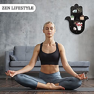 Yulejo Crystal Shelf Display Rustic Wooden Cat Moon Shelves Moth Hamsa Hand Wolf Crystal Holder Shelves Wooden Floating Shelf for Rock Gemstones Meditation Spiritual Gift for Home Bedroom (Hamsa Hand)