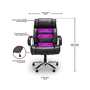 OFM Avenger Leather Big Tall 500lb Max Weight Executive Office Chair, with Lumbar Support, Recline/Tilt Tension Controls, with Wheels for Computer/Desk, Black