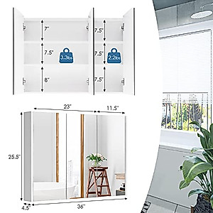 LOKO Large Bathroom Medicine Cabinet with Mirror, Wall Mounted Bathroom Cabinet with 3 Mirrored Doors & Adjustable Shelves, Triple Mirror Door Bathroom Wall Cabinet, 36 x 4.5 x 25.5 Inches