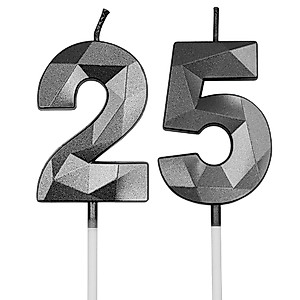25th & 52nd Birthday Candles for Cake, Black Number 25 52 3D Diamond Shaped Candle Birthday Decorations Party Supplies for Women or Men