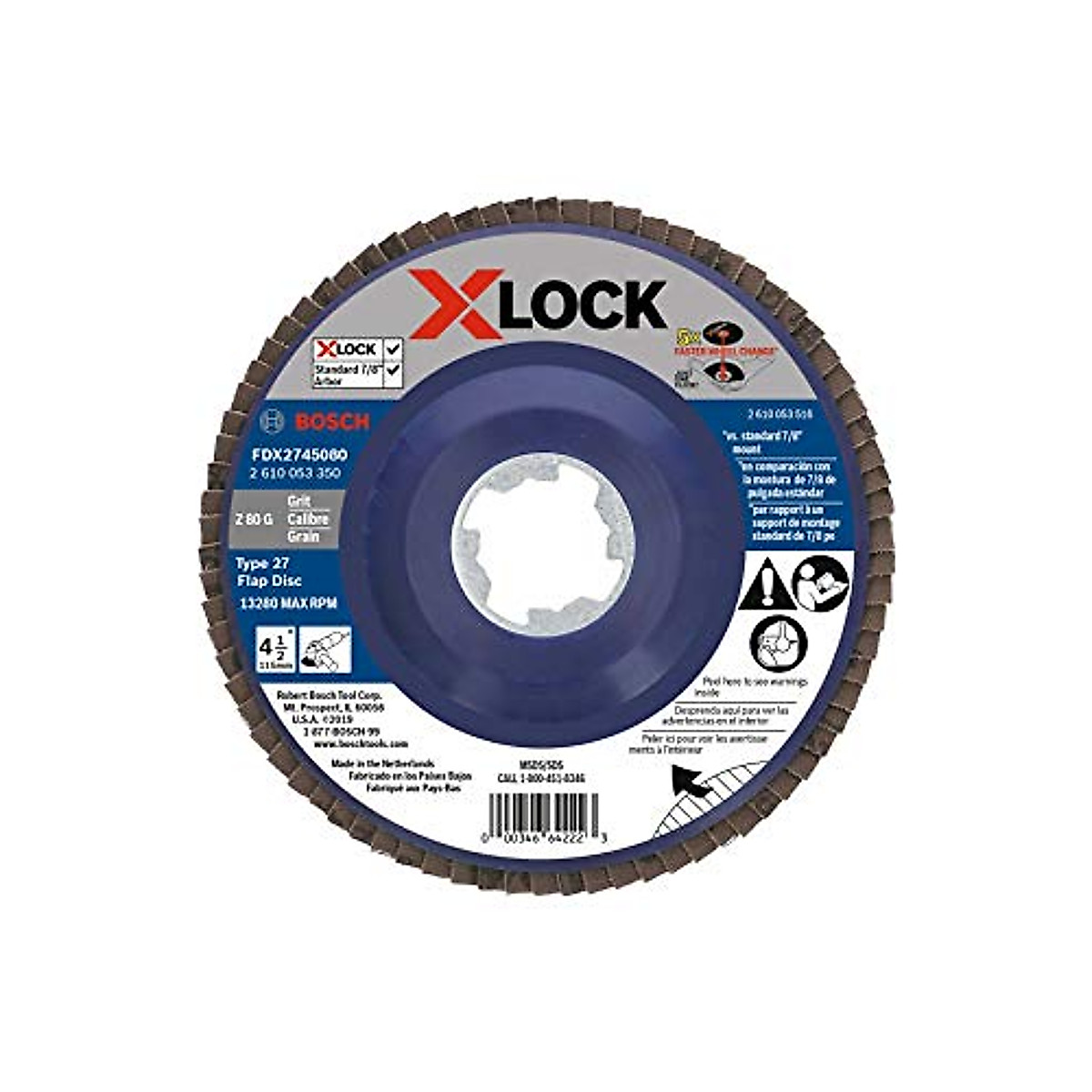 Bosch GWX10-45PE 4-1/2 In. X-LOCK Ergonomic Angle Grinder with Paddle Switch with Bosch FDX2745080 4-1/2 In. X-LOCK Arbor Type 27 80 Grit Flap Disc