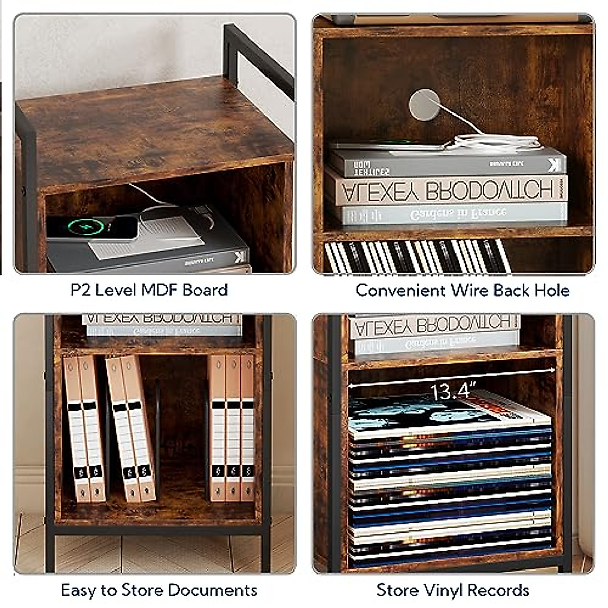 Yusong 3 Tier End Table, Tall Side Table with Storage Cabinets, Bedside Table Nightstand Small Bookcase for Small Space in Living Room, Bedroom, Office, Rustic Brown