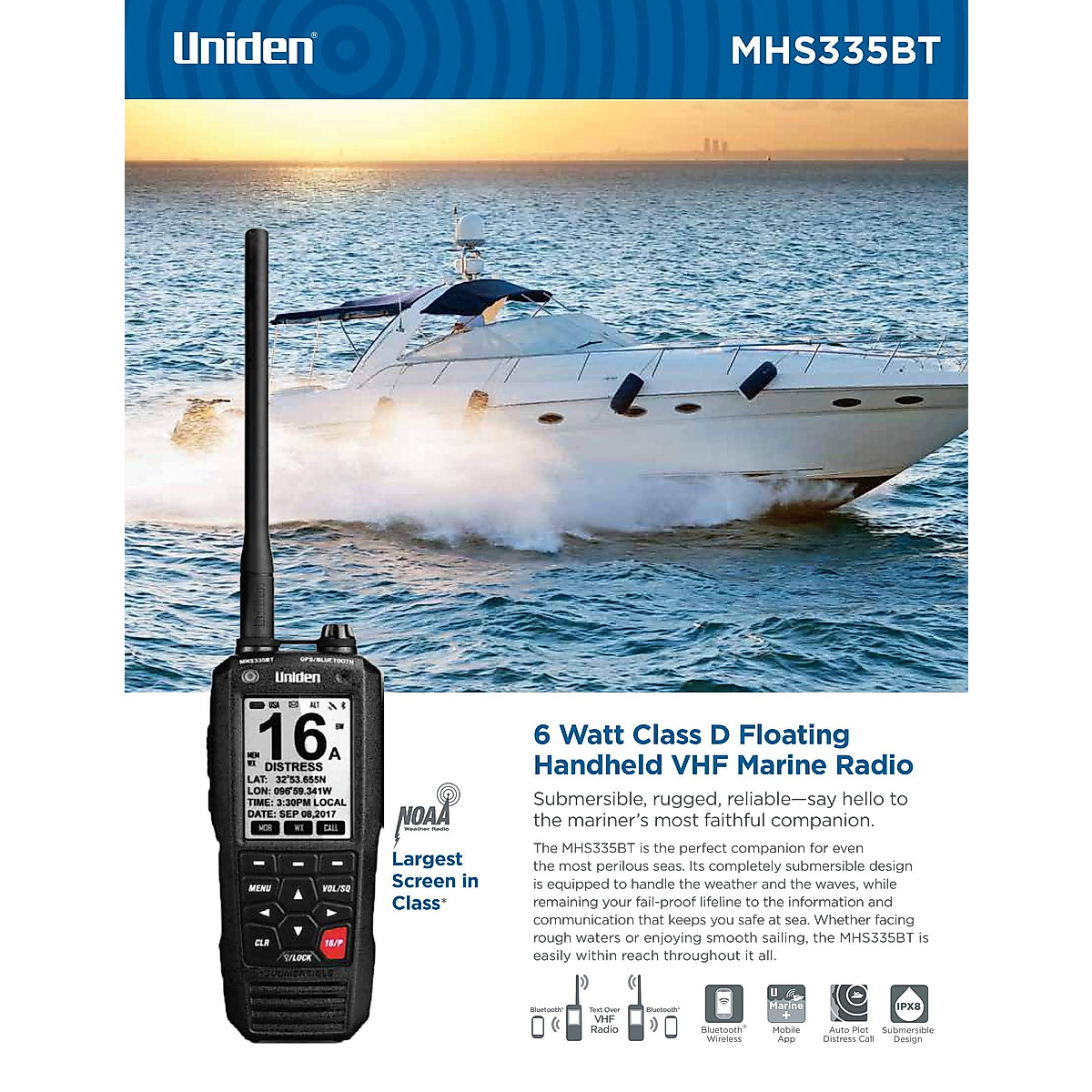 Uniden MHS335BT 6W Class D Floating Handheld VHF Marine Radio with Bluetooth, Text Message Directly To Other Vhf Text Message Capable Radios, IPX8 Submersible Design