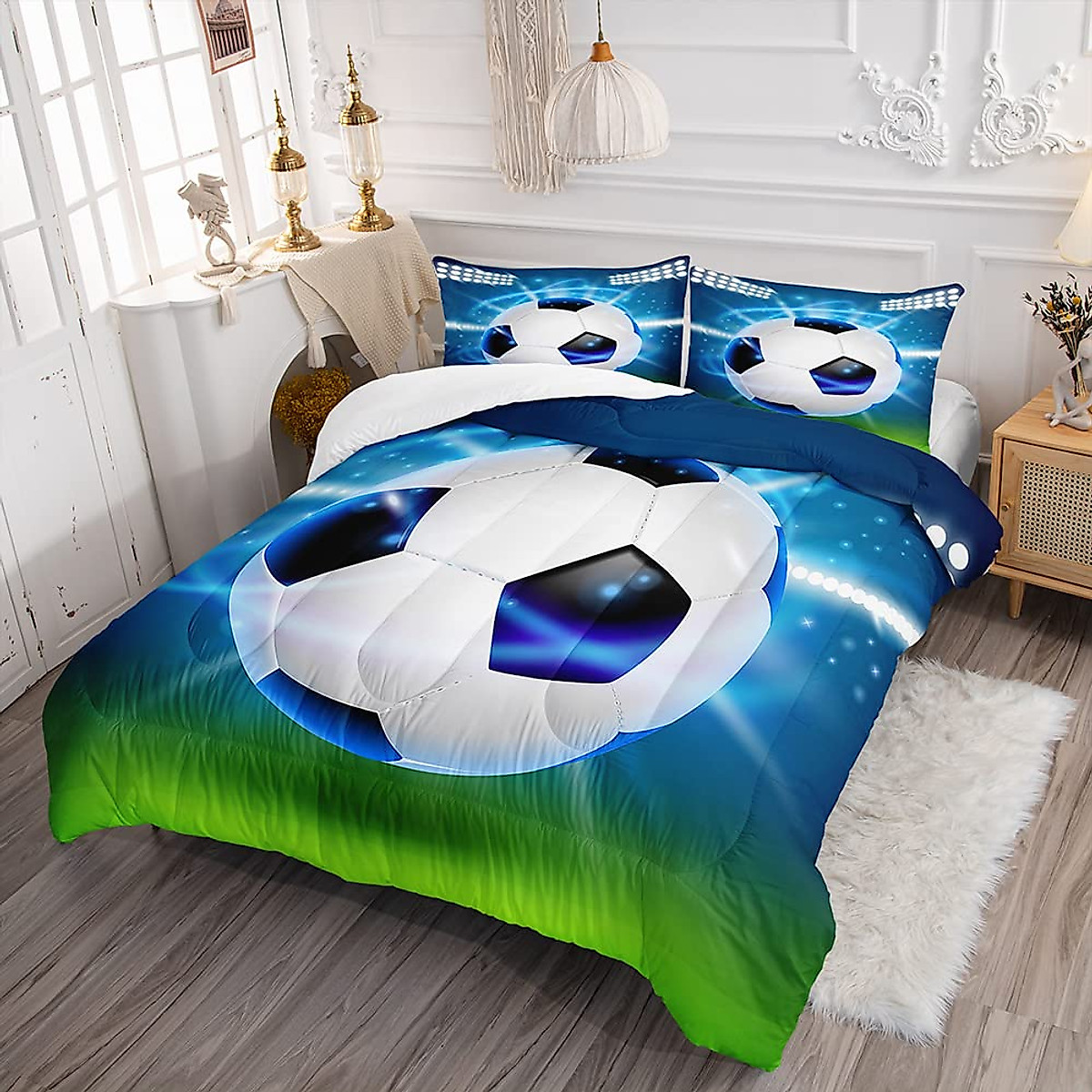 3D Football Comforter Set for Boys, Twin Size Sports Bedding Comforter Soccer Themed Bedding Comforter with 2 Football Patterned Pillowcases - 68"x86" (Twin, 03)