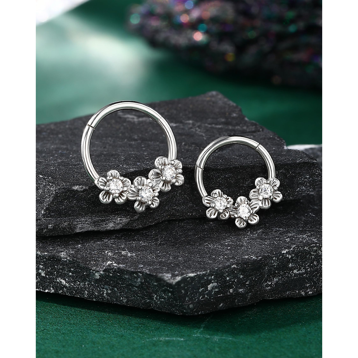 COCHARM 16g Flower Cute Daith Piercing Jewelry Surgical Steel Clear CZ Daith Earrings Hypoallergenic Septum Rings for Women