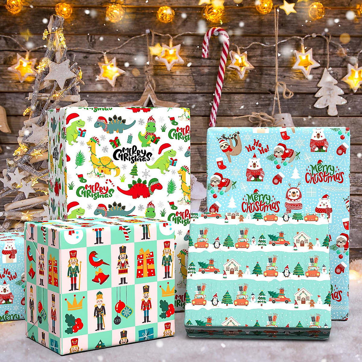 MotiGiftie Christmas Wrapping Paper for Kids Boys Girls, 12 Sheets Xmas Gift Wrapping Paper Dinosaurs, Sloth, Polar Bear, Penguin, Nutcracker, Red Truck Designs Gift Wrap 20 x 28 Inches