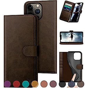 DuckSky for iPhone 13 Pro Max 6.7" Genuine Leather Wallet case【RFID Blocking】【4 Credit Card Holder】【Real Leather】 Flip Folio Book Protective Cover Women Men for Apple 13ProMax Phone case Brown