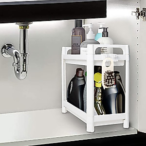 Layway Multipurpose Under Sink Storage Rack for Closet Cabinet,Under Bathroom Kitchen Sink Organizer,2 Tier Countertop Collection Baskets Shelf with Hooks for Home Office (White)