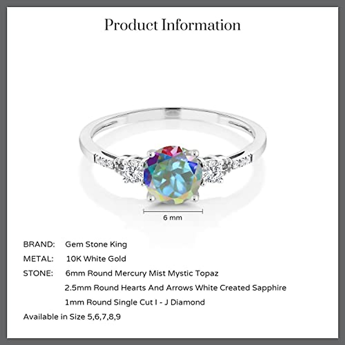 Gem Stone King 10K White Gold 6MM Round Gemstone Birthstone White Created Sapphire & White Diamond Accent 3-Stone Engagement Ring | Three-Stone Wedding Anniversary Promise Ring For Women