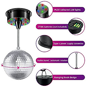 5-Inch Mirror Ball and 6RPM Rotating Motor Base, Disco Party Ambient Light, Base 18 Red, Green, Blue Three Color Bulbs, for Home Parties, Weddings, Nightclubs, Bars, Bands, KTV, Parties