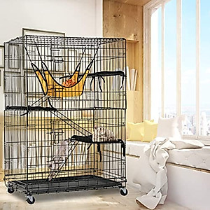 48'' Large Cat Cage with Wheels, Collapsible Large 3-Tier Metal Cat Enclosure Perching Shelves Cat Crate Cat Kennel Ferret Chinchilla Cage with Cat Hammock/3 Cat Bed/3 Ramp Ladder/Cat Litter Pan