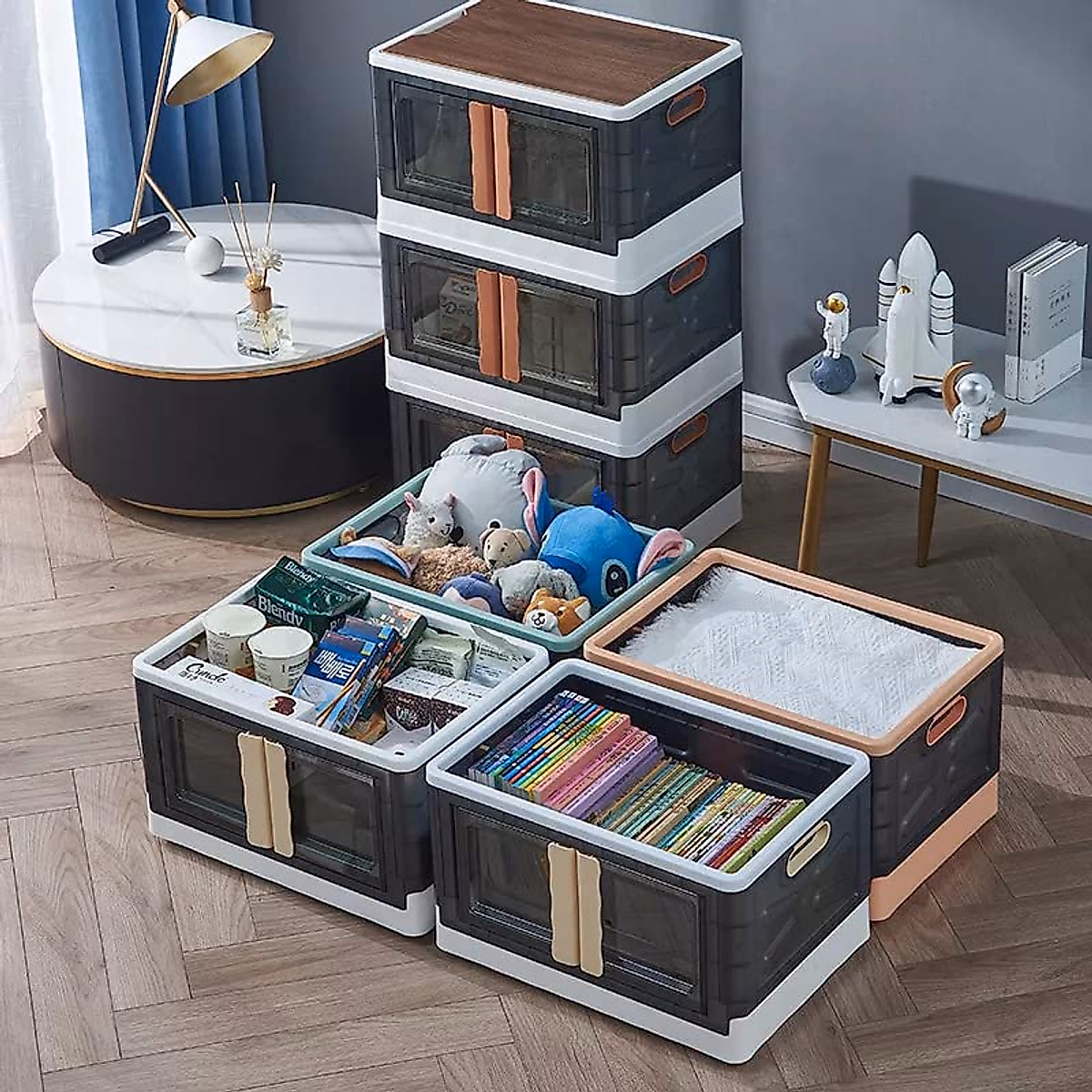 3 Pack Storage Bins with Lid - Stackable Storage Bins, Collapsible Storage Bins, Toy Organizer Storage Box, Folding Storage Boxes Set 3 Pack, Large Plastic Storage Bins with Door 14 Gallon