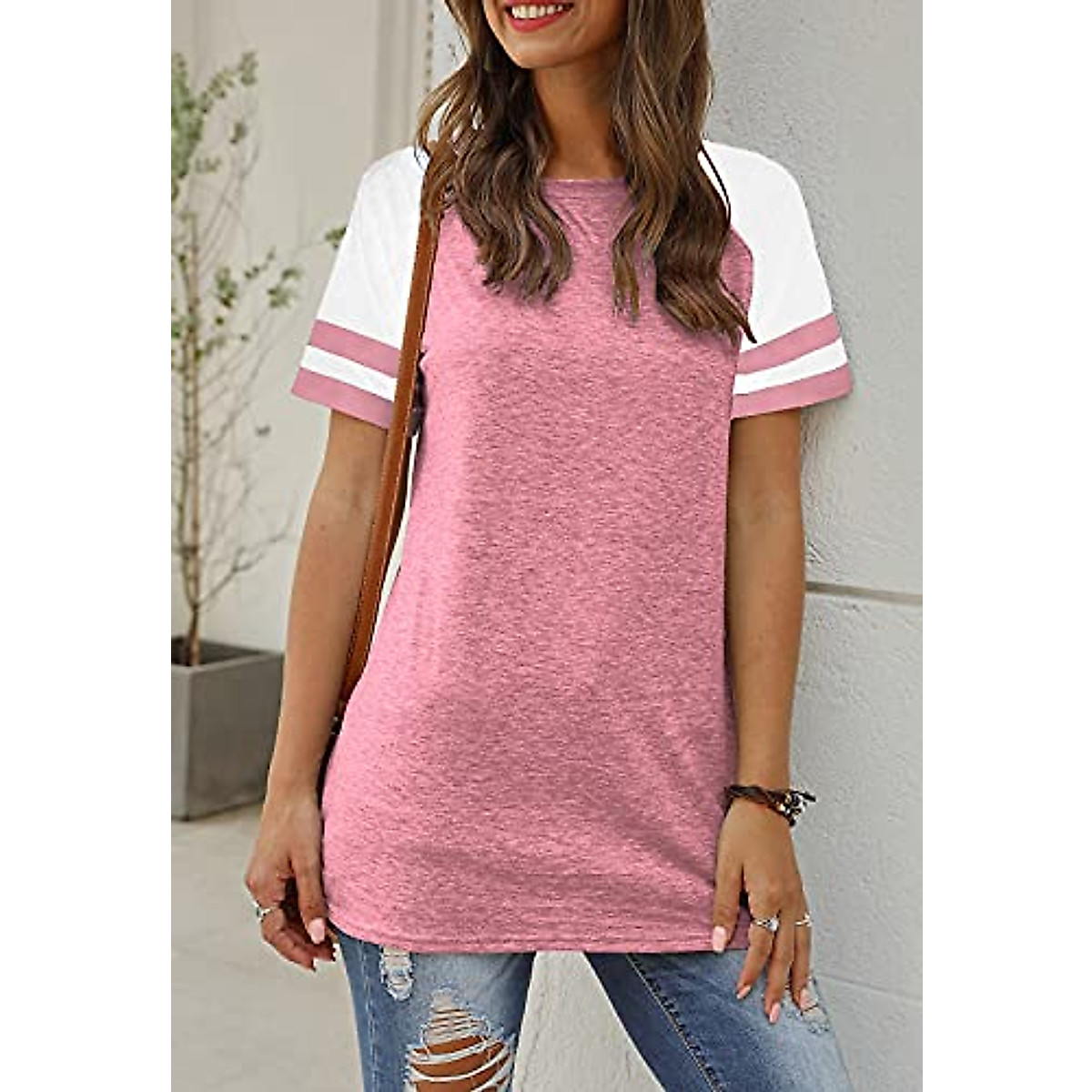 Adibosy Women Summer Casual Shirts: Short Sleeve Striped Tunic Tops - Ladies Loose Crew Neck Tee Tshirt Blouses Pink L