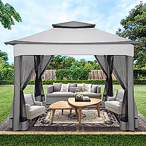 COBIZI Pop Up Gazebo Patio Gazebo 11x11 Outdoor Gazebo with Mosquito Netting Outdoor Canopy Shelter with Double Roof Ventiation 121 Square Feet of Shade for Lawn, Garden, Backyard and Deck, Gray