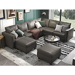 EASE MOOSE Modular Sectional Sofa with Storage, U Shaped Sectional Faux Leather Sectional Couch Large Sectional Sofa, Grey
