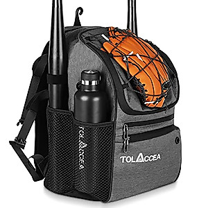 Youth Baseball Bag With Shoes Compartment and Fence Hook Holds Bat, Glove, T-Ball & Softball Equipment, Backpack for Boys and Girls (Grey)