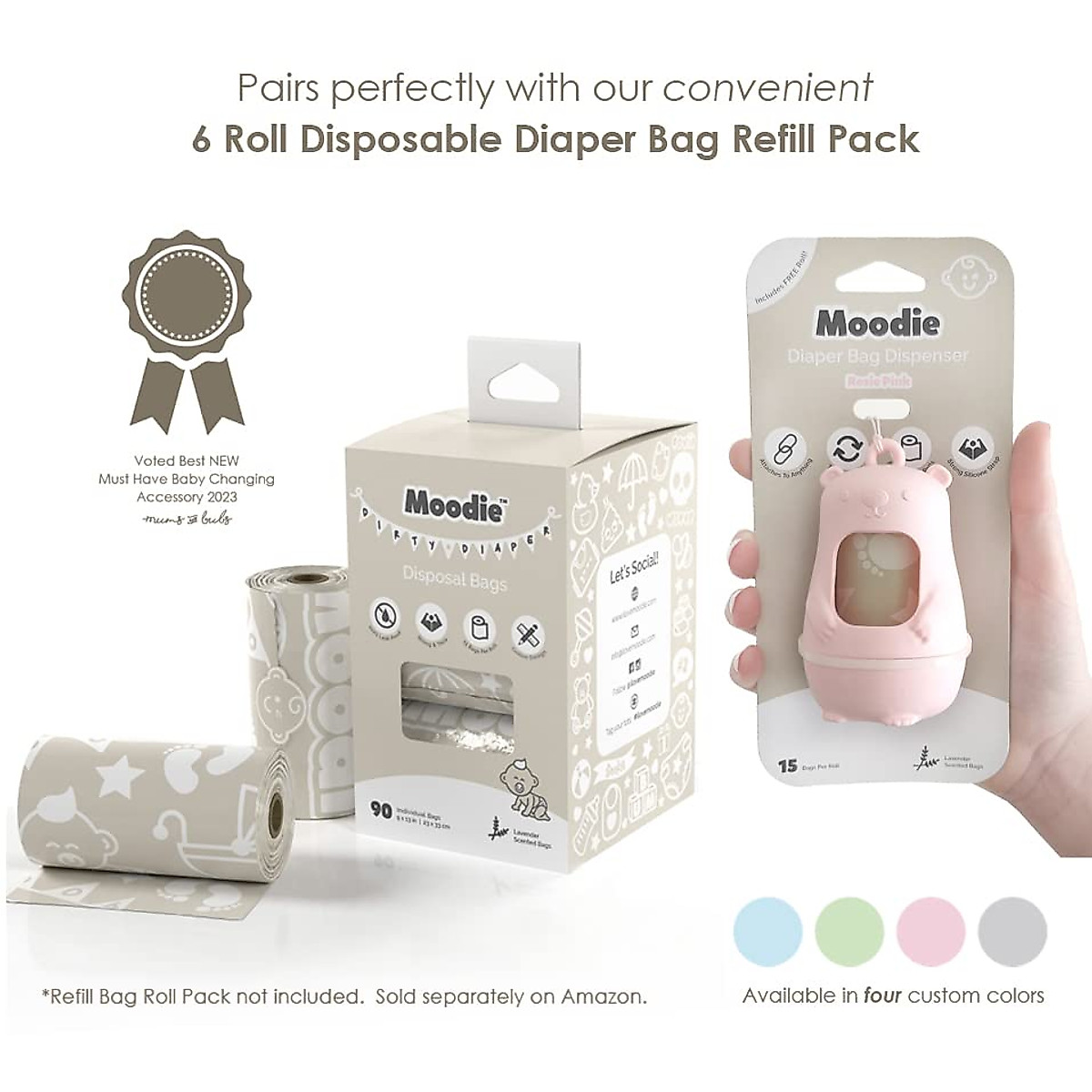 NEW Moodie Teddy Bear Diaper Bag Dispenser | Diaper Bag on the Go Dispenser w/Silicon Strap |15 LAVENDER SCENTED Diaper Disposal Bags per Roll | Diaper bag essential items (ROSIE PINK)