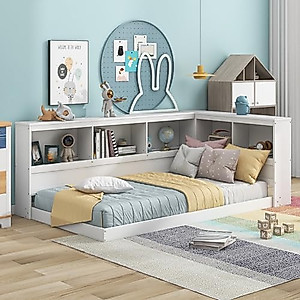 BOVZA Wooden Twin Size Daybed with L-Shaped Bookcase Headboard, Corner Floor Bed Frame with Storage Cabinets and USB Ports, White