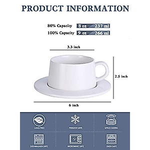 Kanwone Porcelain Stackable Cappuccino Cups with Saucers - 8 Ounce for Specialty Coffee Drinks, Cappuccino, Latte, Americano and Tea - Set of 4, White