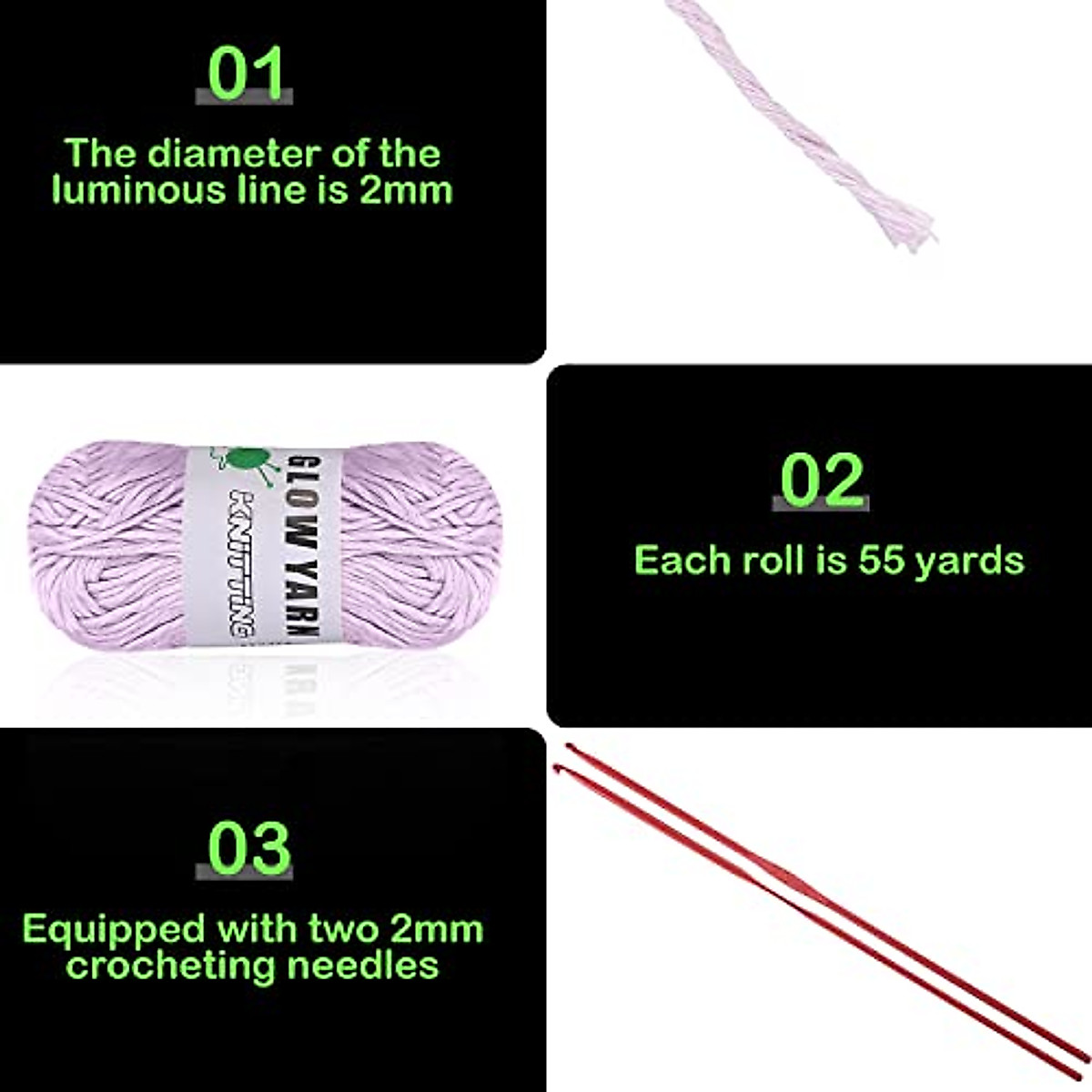 5 Rolls Glow in The Dark Yarn DIY Glow Yarn Craft Yarn Sewing Supplies Glow in The Dark Party Supplies with 2 Pcs Crochet Hooks for Art Crocheting Sewing Beginners, 55 Yards Per Roll (Purple)