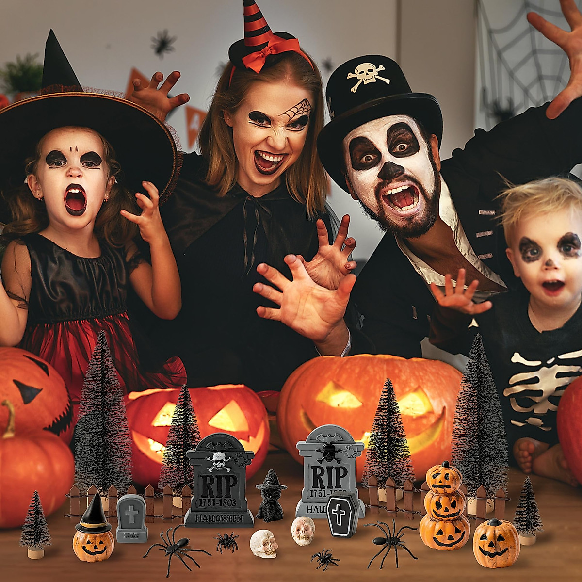 W1cwey Halloween Village Scene Ornaments Accessories, Set of Pumpkin, Tombstones, Skeletons, Spiders, Black Cat, Pine Trees, Resin Miniature Garden Scene Decor for Halloween Party