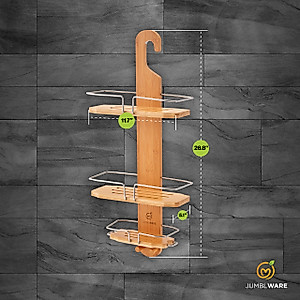 JumblWare Bamboo Shower Caddy. Hanging 3-Tier Bathtub Organizer Rack for Over Shower Head with Toothbrush Holder, Razor Hooks & Shelf with Holes in Bottom for Soap. Spa Gift for Women