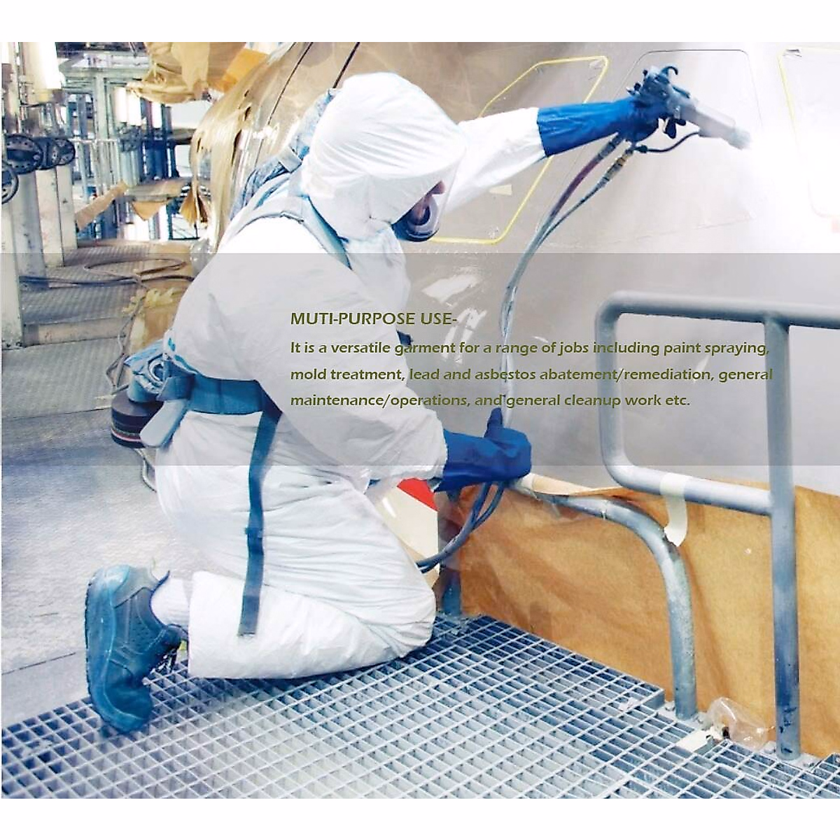 SYINE Pack of 5 Large Disposable Protective Coverall with Hood, Elastic Cuff for Spray Painting Cleaning Work,Breathable & Durable