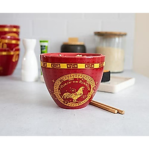 Year Of The Rooster Chinese Zodiac Ceramic Dinnerware Set | Includes 16-Ounce Ramen Noodle Bowl and Wooden Chopsticks | Asian Food Dish Set For Home & Kitchen | Kawaii Lunar New Year Gifts