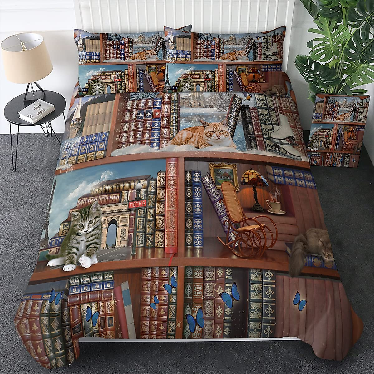 Sleepwish Cat in The Bookshelf Comforter Cover Set, Vintage Animal Pet Bedding Set, Cute Kitten Gifts Duvet Cover Set with Zipper for Kids Teens Boys Girls, 1 Duvet Cover 2 Pillow Cases, 3 Piece King