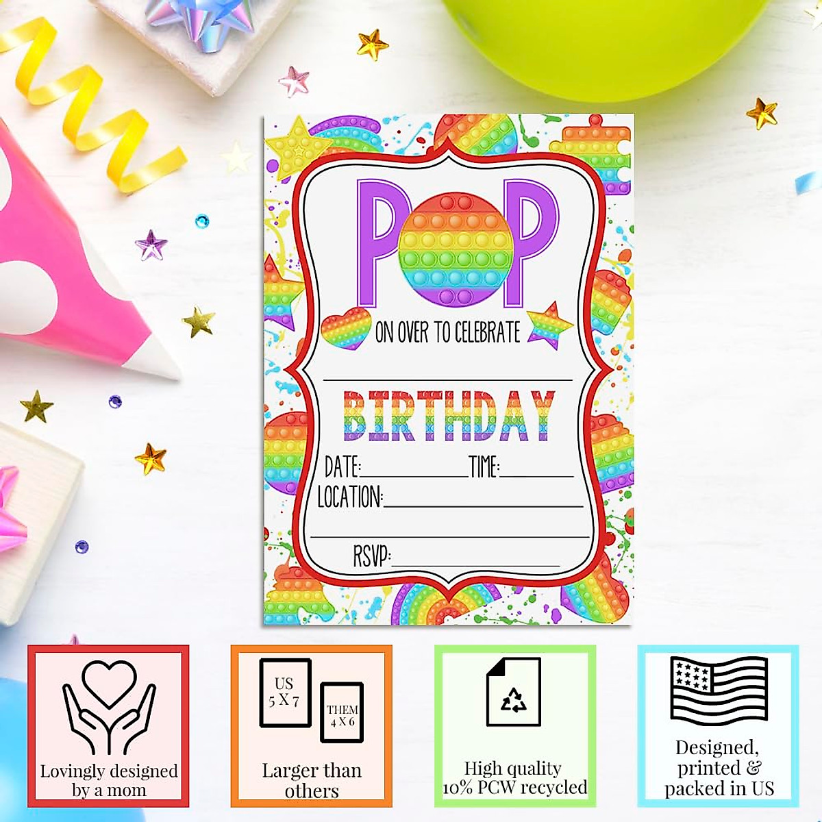 Pop On Over Popper Toy Fidget Themed Birthday Party Invitations for Kids, 20 5x7 Fill In Cards with Twenty White Envelopes by AmandaCreation