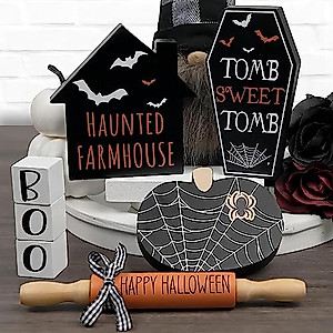 5Pcs Halloween Tiered Tray Decor Set Happy Halloween Boo Wooden Signs Cute Tomb Haunted House Rolling Pins Spiderweb Halloween Decor